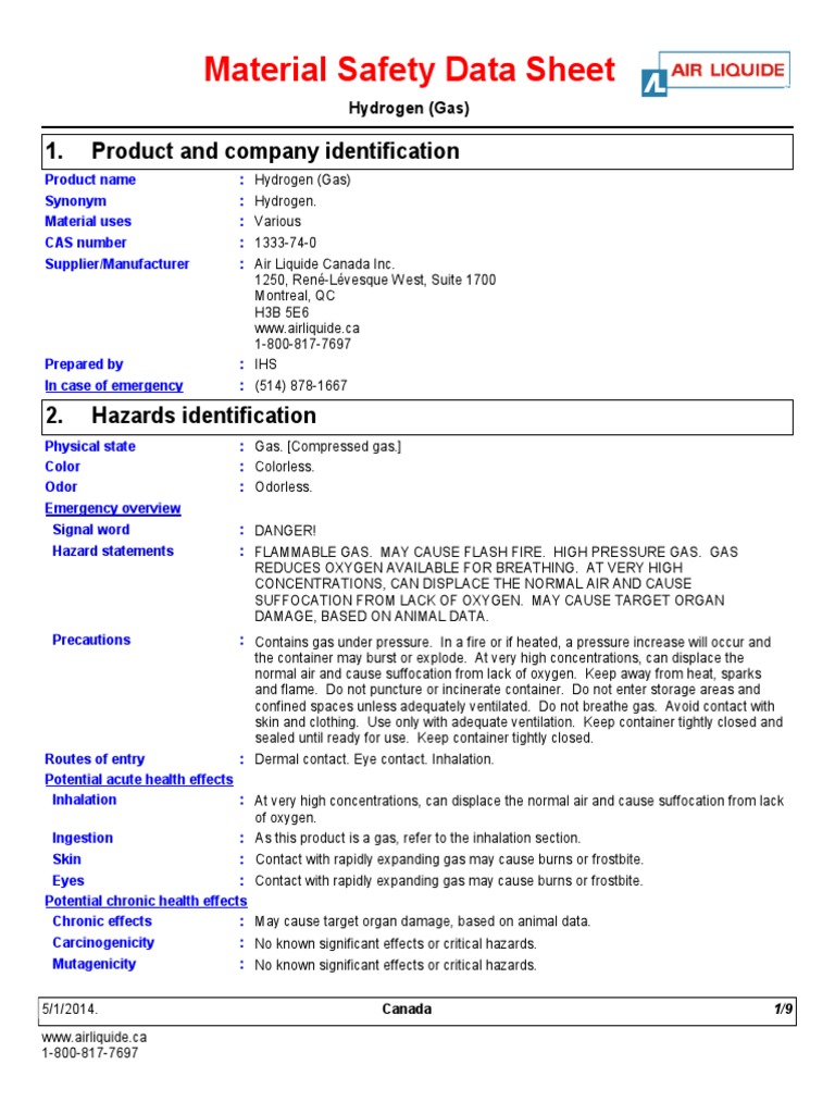 Hydrogen MSDS | Download Free PDF | Personal Protective Equipment ...