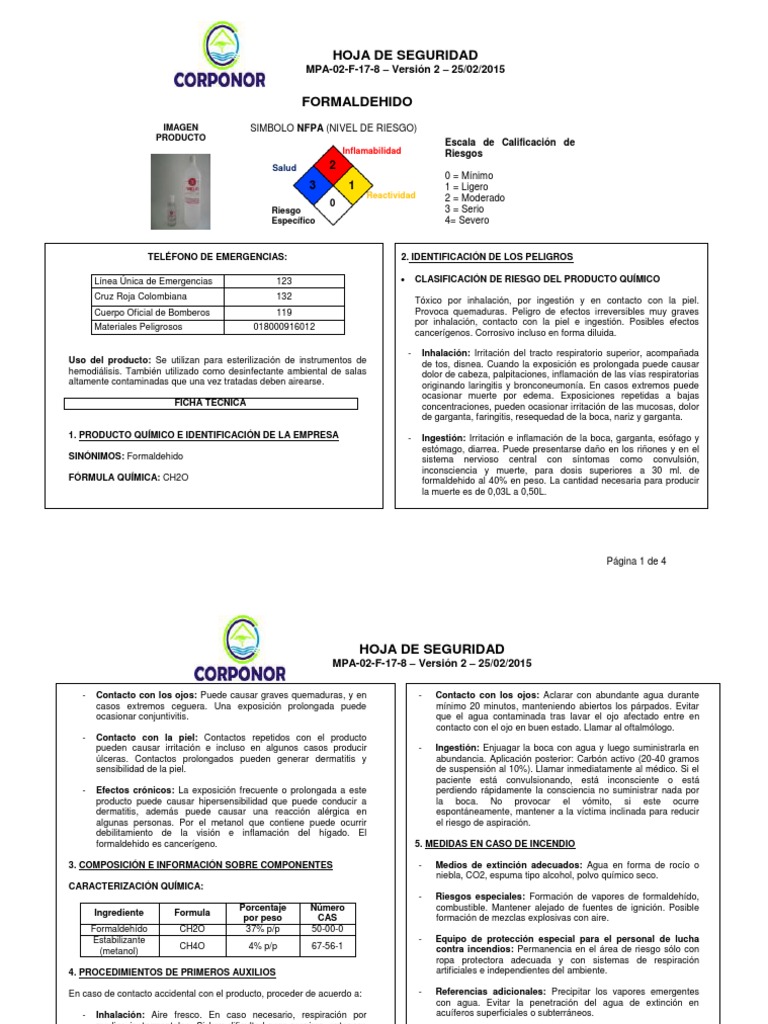 FORMALDEHIDO MSDS | Formaldehído | Agua