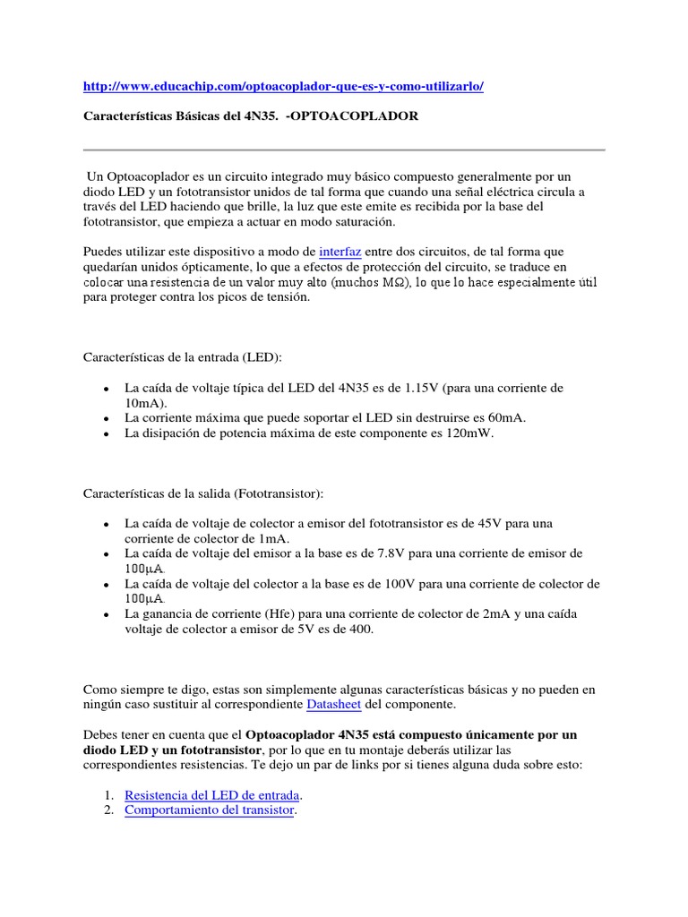 Caracteristicas Basicas Del 4N35 | PDF | Diodo emisor de luz | voltaje