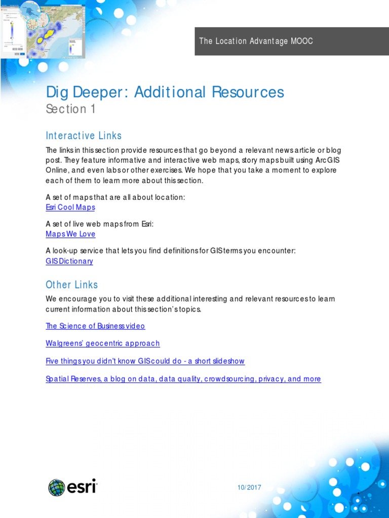 Dig Deeper: Additional Resources: Section 1 | PDF | Esri | Geographic ...