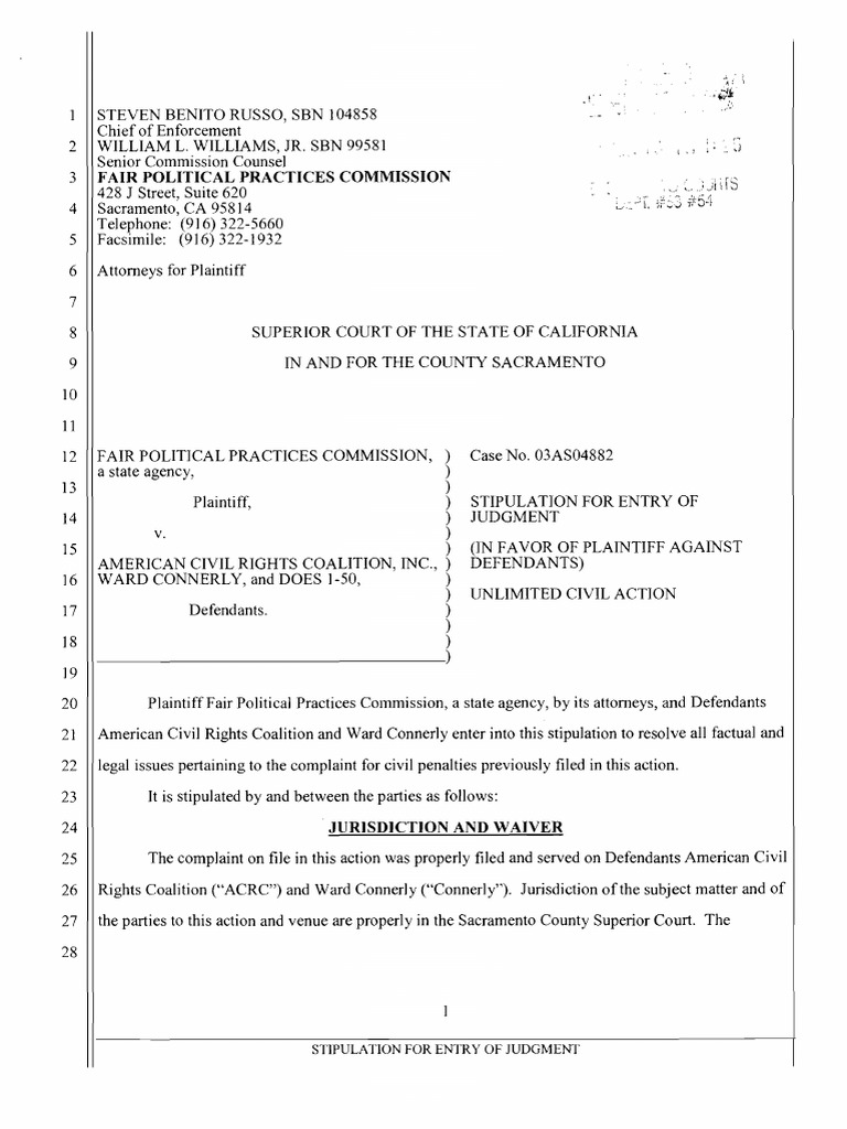 Fair Political Practices Commission: Stipulation For Entry of Judgment ...