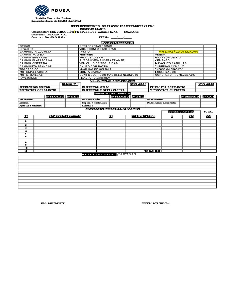Modelo de Reporte Diario de Obra | Ingeniería | Tecnología e ingeniería