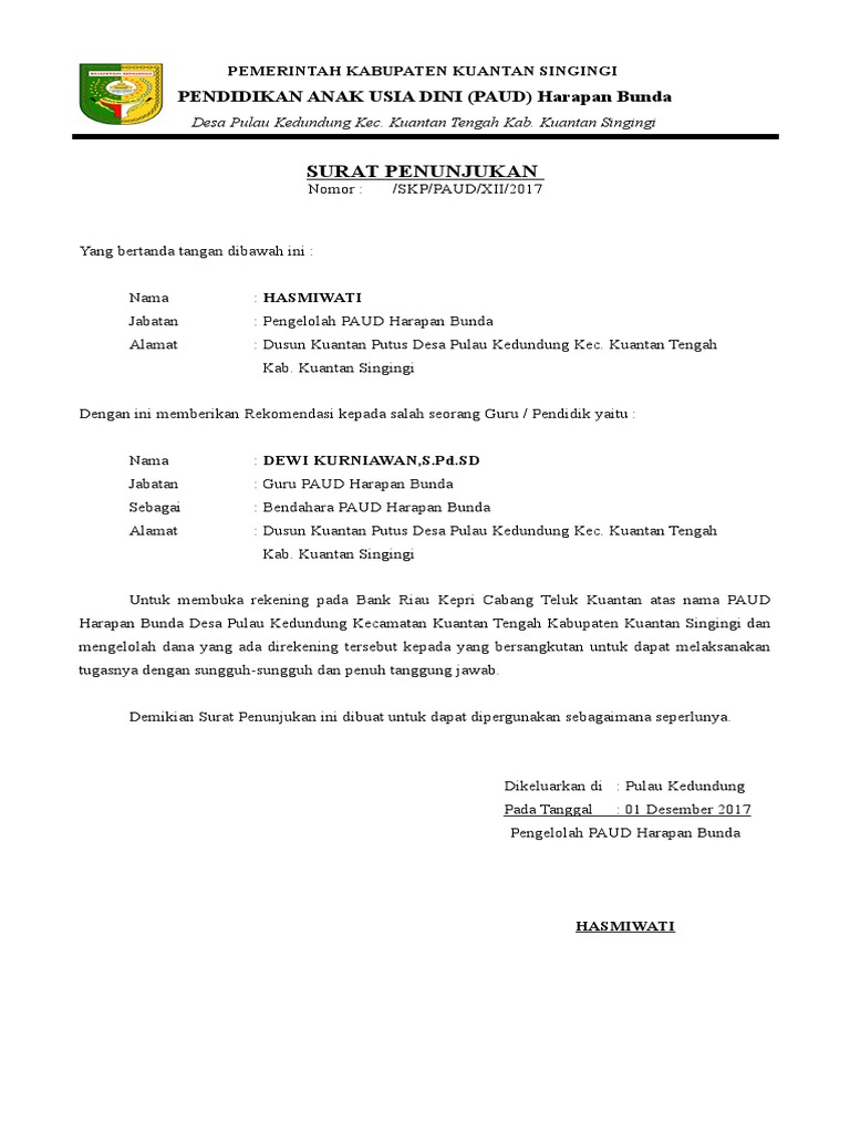 Surat Penunjukan Paud Pl. Kedundung | PDF