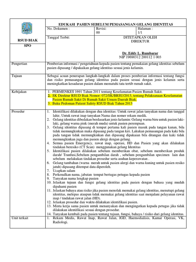 SOP Edukasi Pasien Sebelum Pemasangan Gelang Identitas | PDF