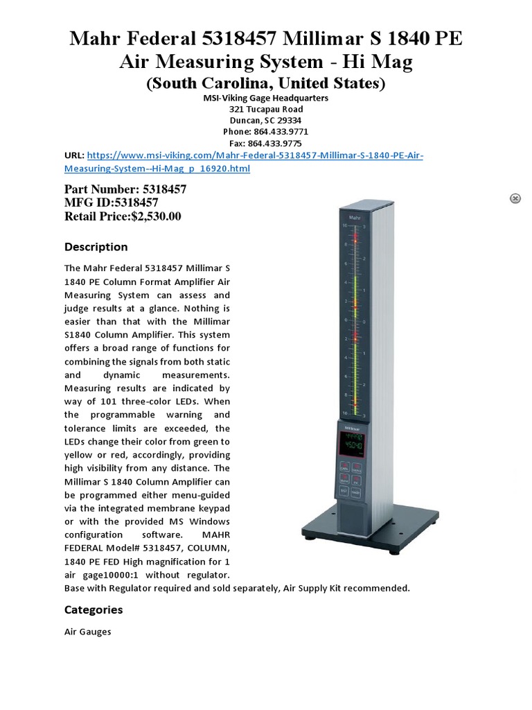 Mahr Federal 5318457 Millimar S 1840 PE Air Measuring System | PDF | Computer Engineering ...