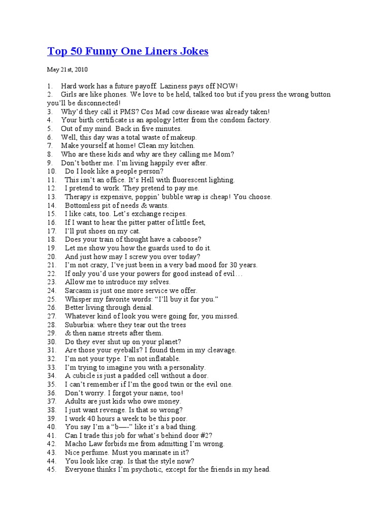 Top 50 Funny One Liners Jokes | PDF