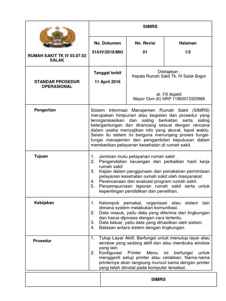 SOP SIMRS RS Salak: Panduan Lengkap | PDF