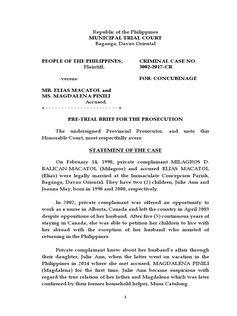 Pre-Trial Brief - Prosecution (Concubinage).docx | Prosecutor | Marriage