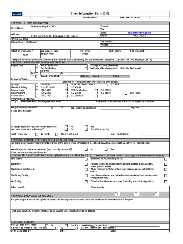 F101-1 Client Information Form and Approval | PDF | Audit ...