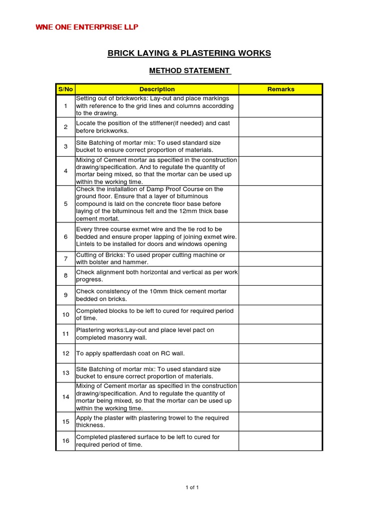 Bricks & Plastering Method Statement | PDF | Mortar (Masonry) | Plaster