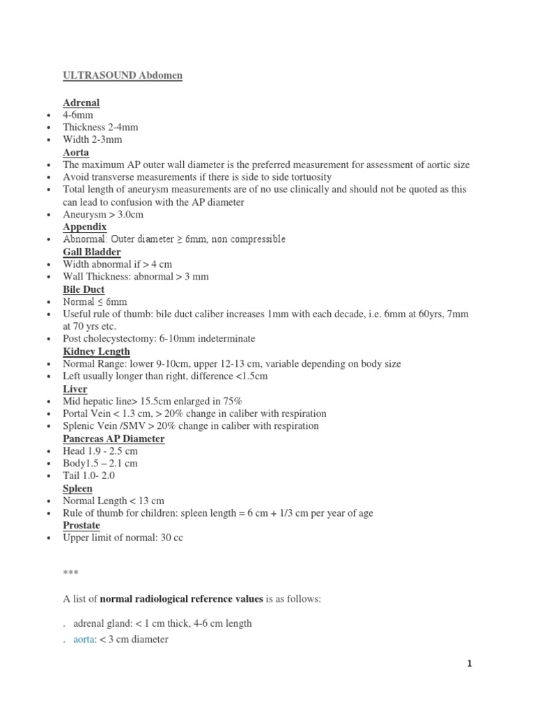 ULTRASOUND Abdomen Normal Measurements | PDF | Gallbladder | Fetus
