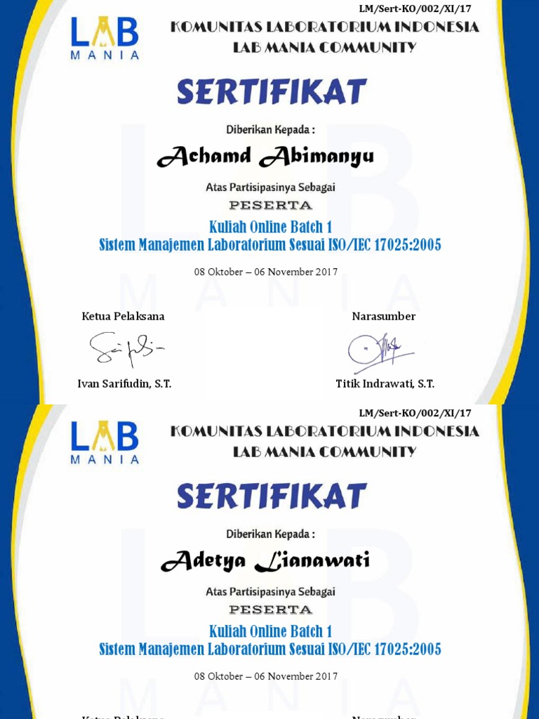 Sertifikat Kuliah Online ISO IEC 17025 Batch 1 | PDF