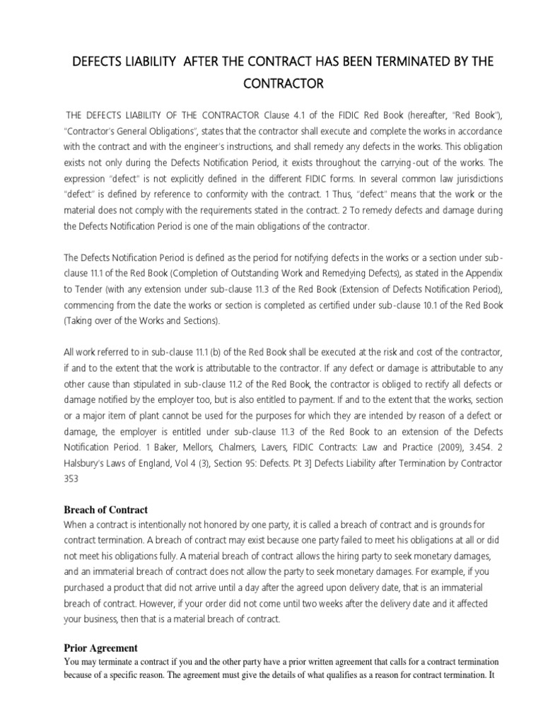 Defects Liability After The Contract Has Been Terminated by The Contractor | Download Free PDF ...