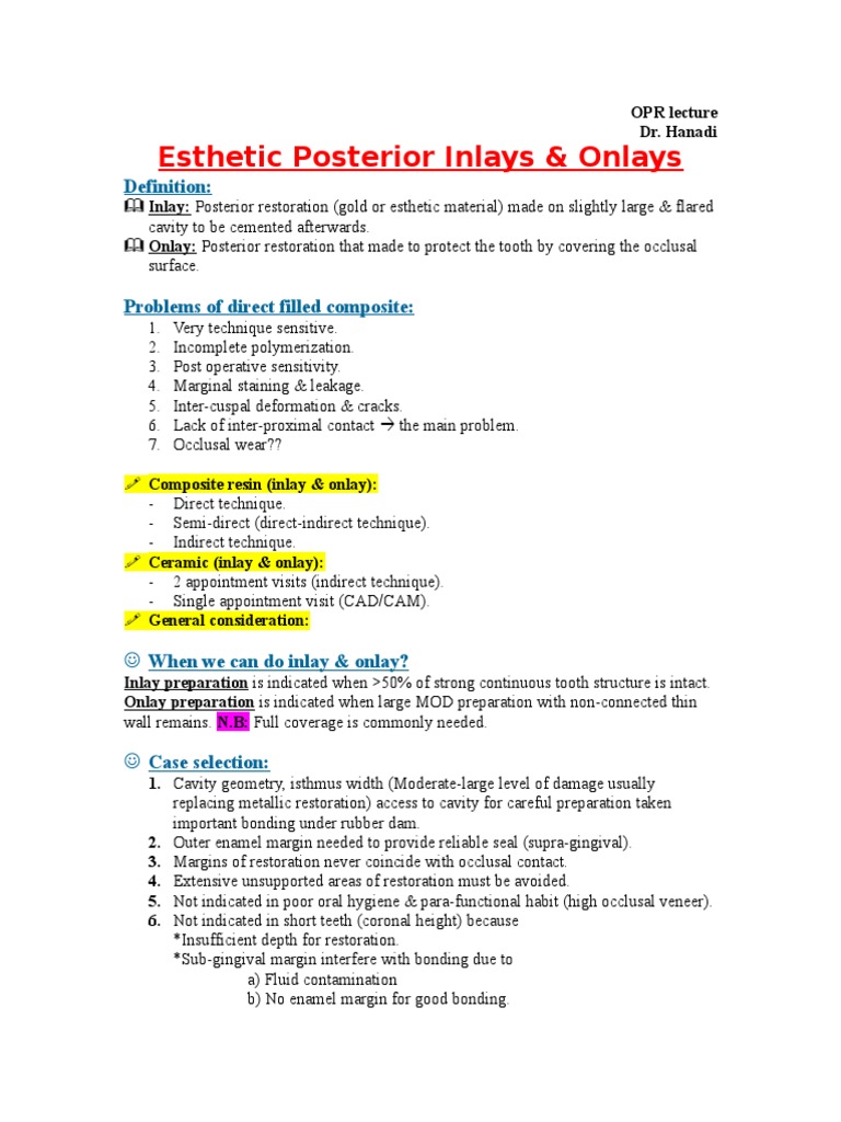 Esthetic Posterior Inlays Onlays | PDF | Dentistry Branches | Medical ...