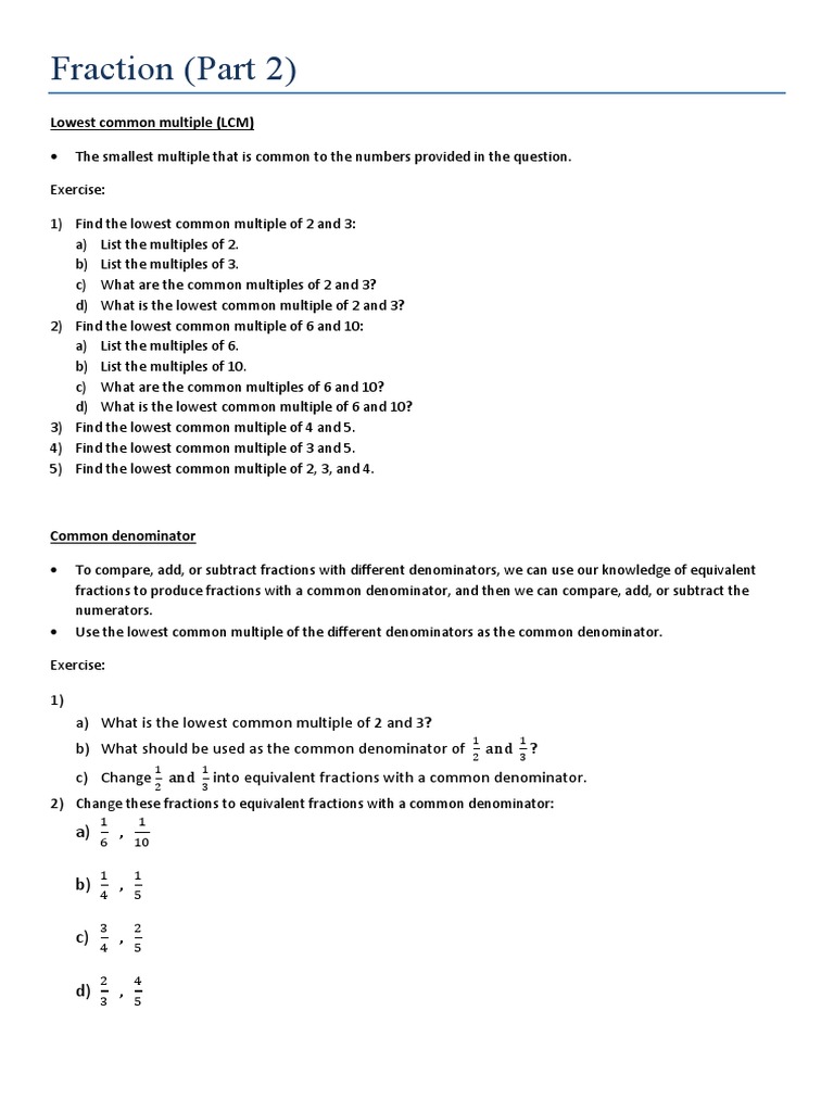 Fraction (Part 2) : Lowest Common Multiple (LCM) | PDF