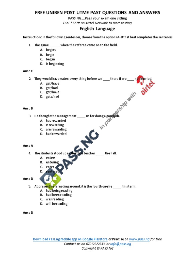 Free Uniben Post Utme Past Questions and Answers: Instruction | PDF ...