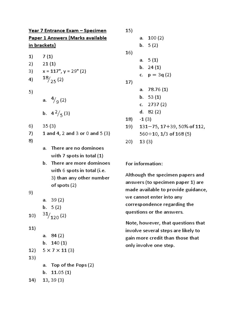 Y7 Maths Specimen Paper 1 Answers | PDF