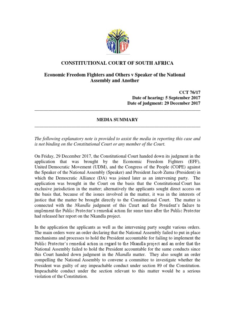 EFF v Speaker of the National Assembly | PDF | Impeachment | Separation ...