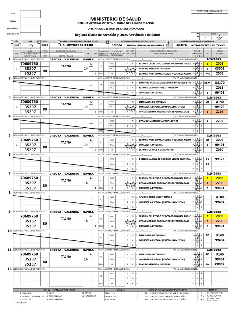Modelo de Registro His Adolescente | PDF | Ciencias de la Salud ...
