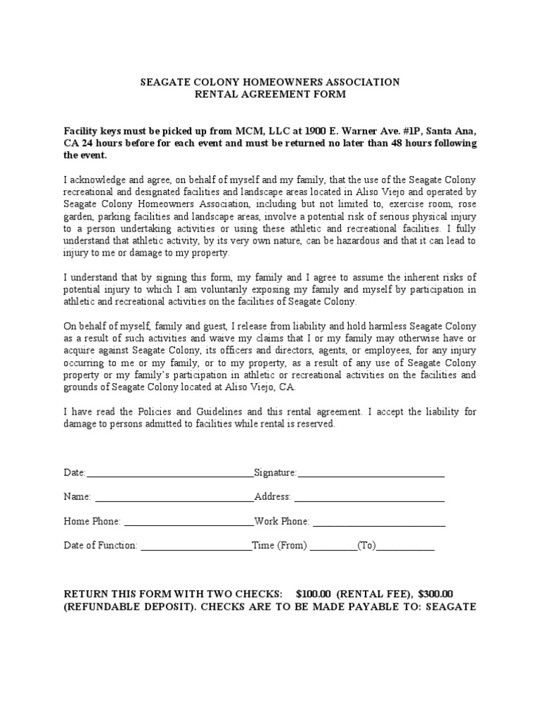 Clubhouse Rental Form | PDF | Business