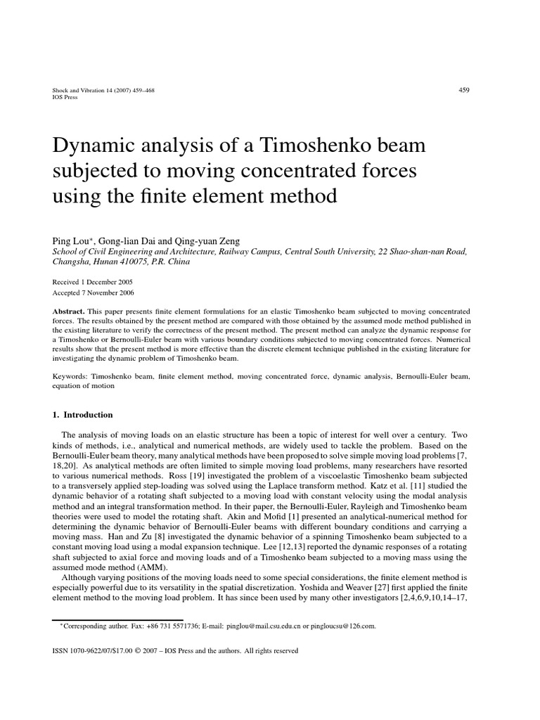 Dynamic Analysis of A Timoshenko Beam Subjected To Moving Concentrated Forces Using The Finite ...