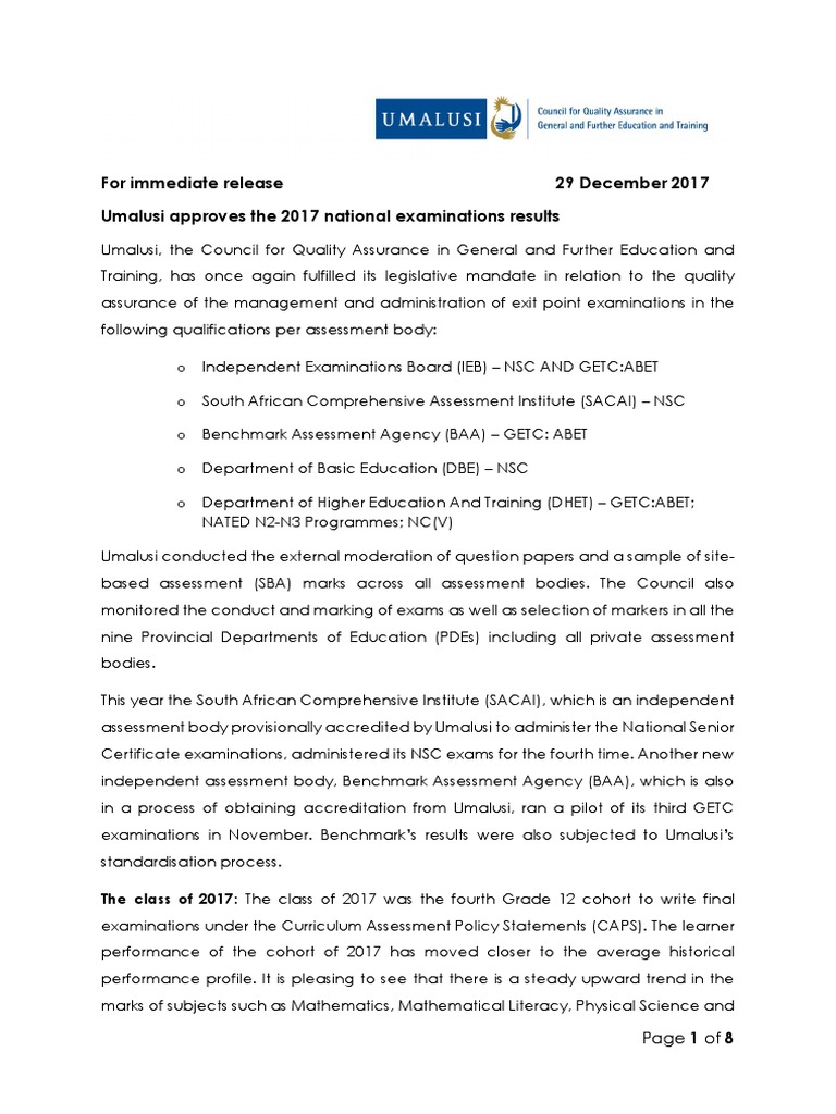 Umalusi 2017 Approval of Results Statement | Educational Assessment ...