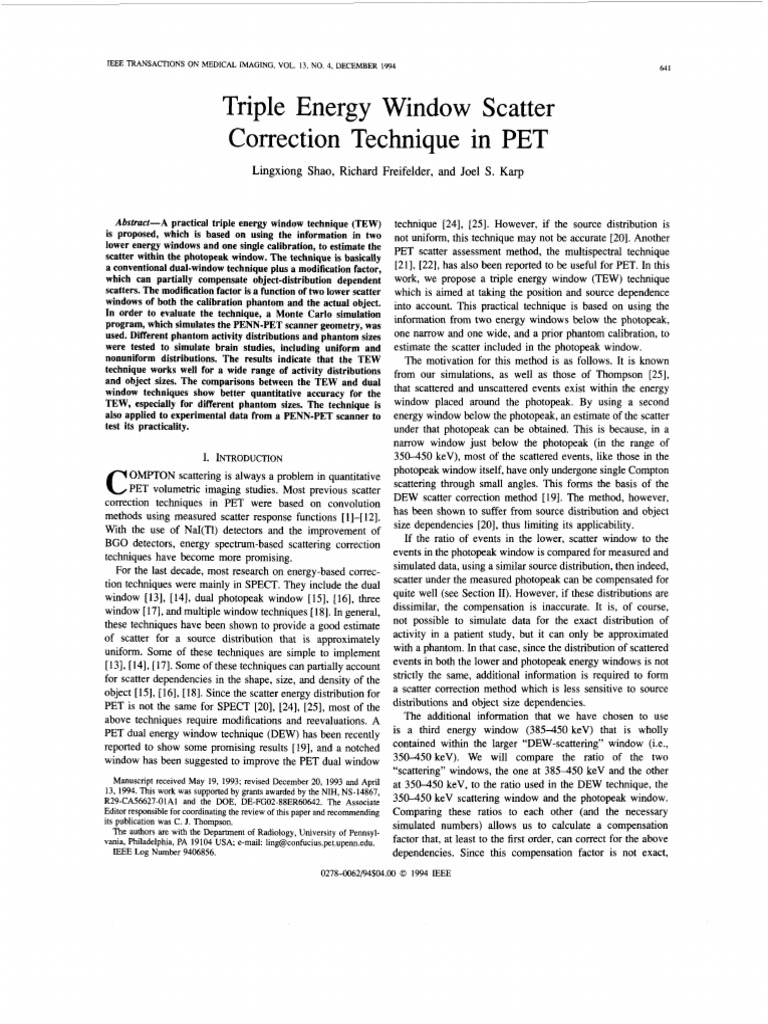 Energy Window Scatter Correction in PET | PDF | Positron Emission ...
