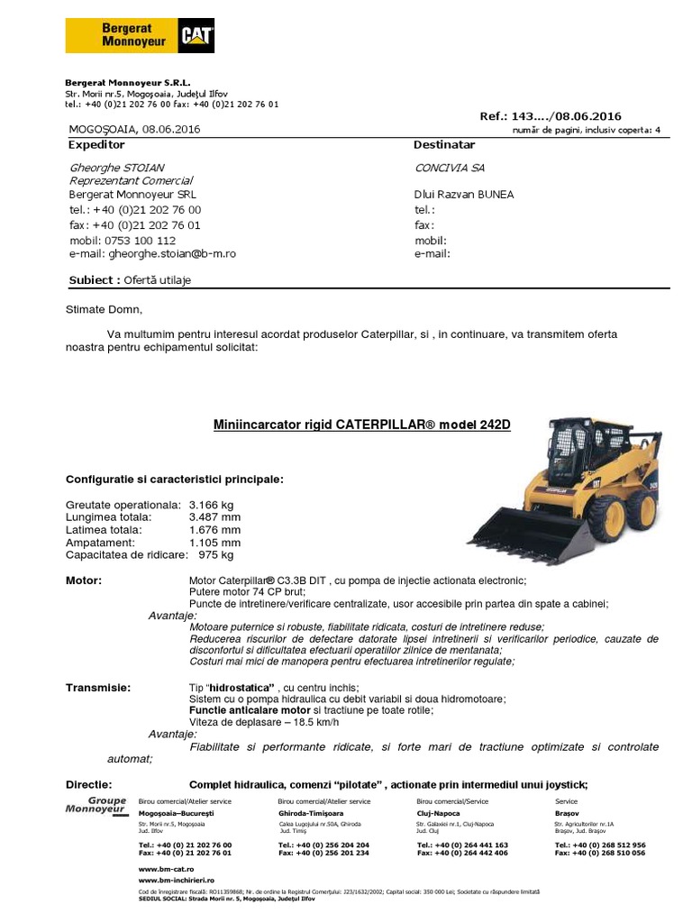 Oferta Miniincarcator CATERPILLAR Model 242D PDF | PDF