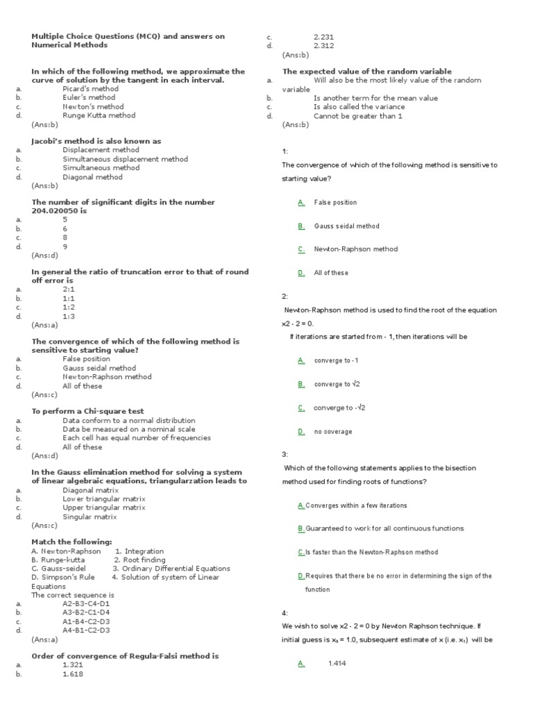 Multiple Choice Questions Numerical Methods | PDF | Numerical Analysis | Mathematical Relations