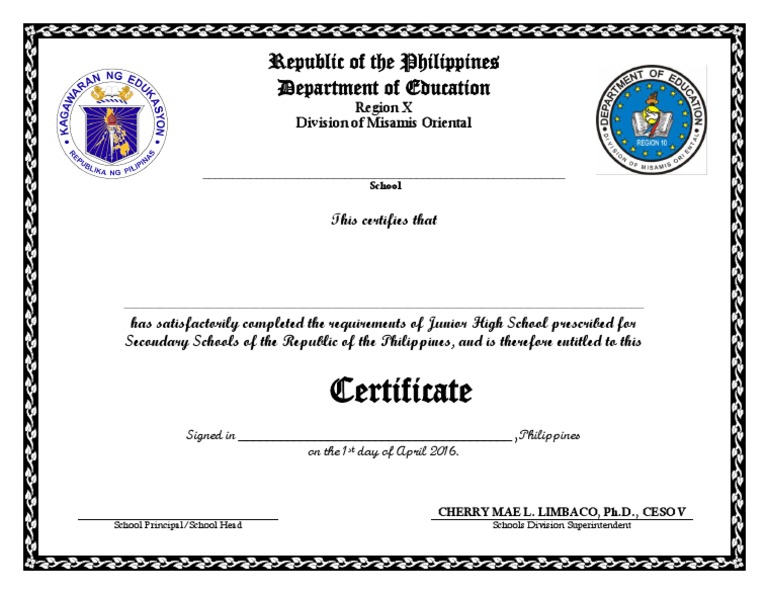 Deped Order7s2016 Gr10 Certificate of Completion Junior HSLetter Size ...