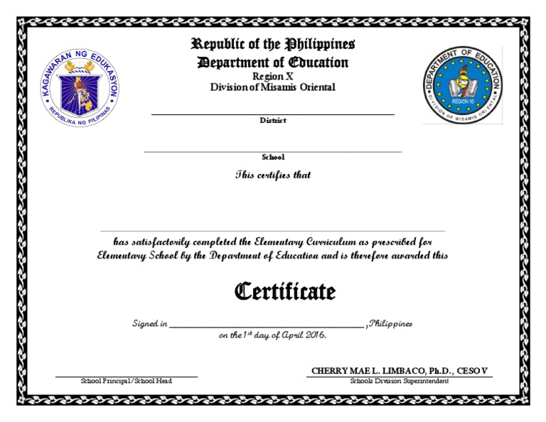 Deped Order7s2016 Gr6 Certificate of Completion Letter SizeEnglish | PDF