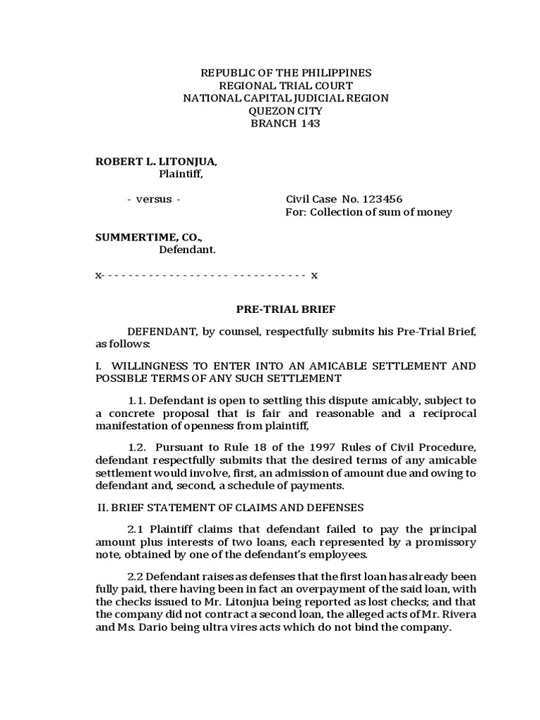 Pre Trial Brief | PDF | Discovery (Law) | Lawsuit