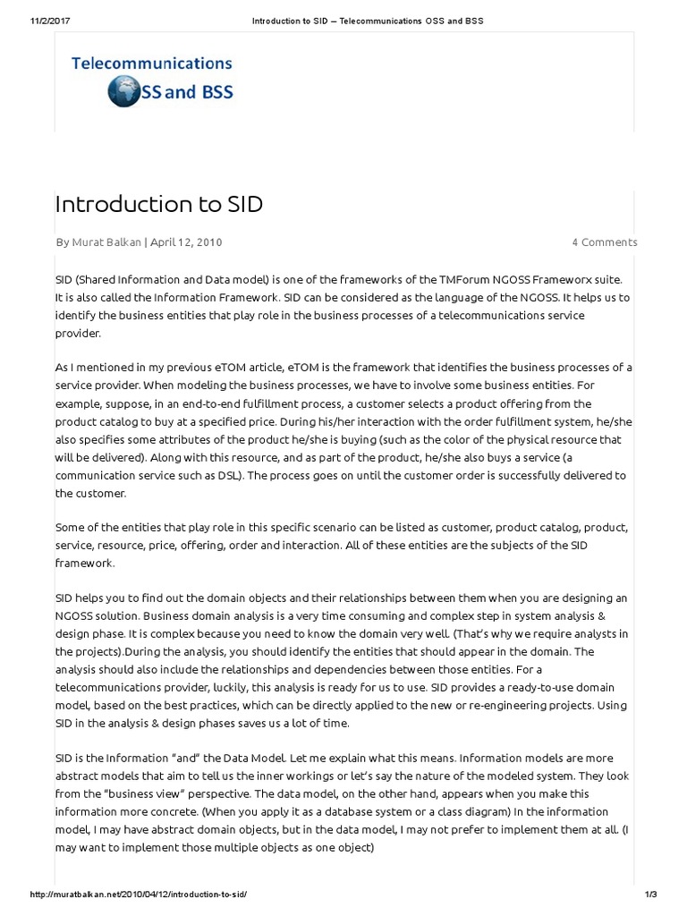 Introduction To SID - Telecommunications OSS and BSS | PDF | Data Model ...