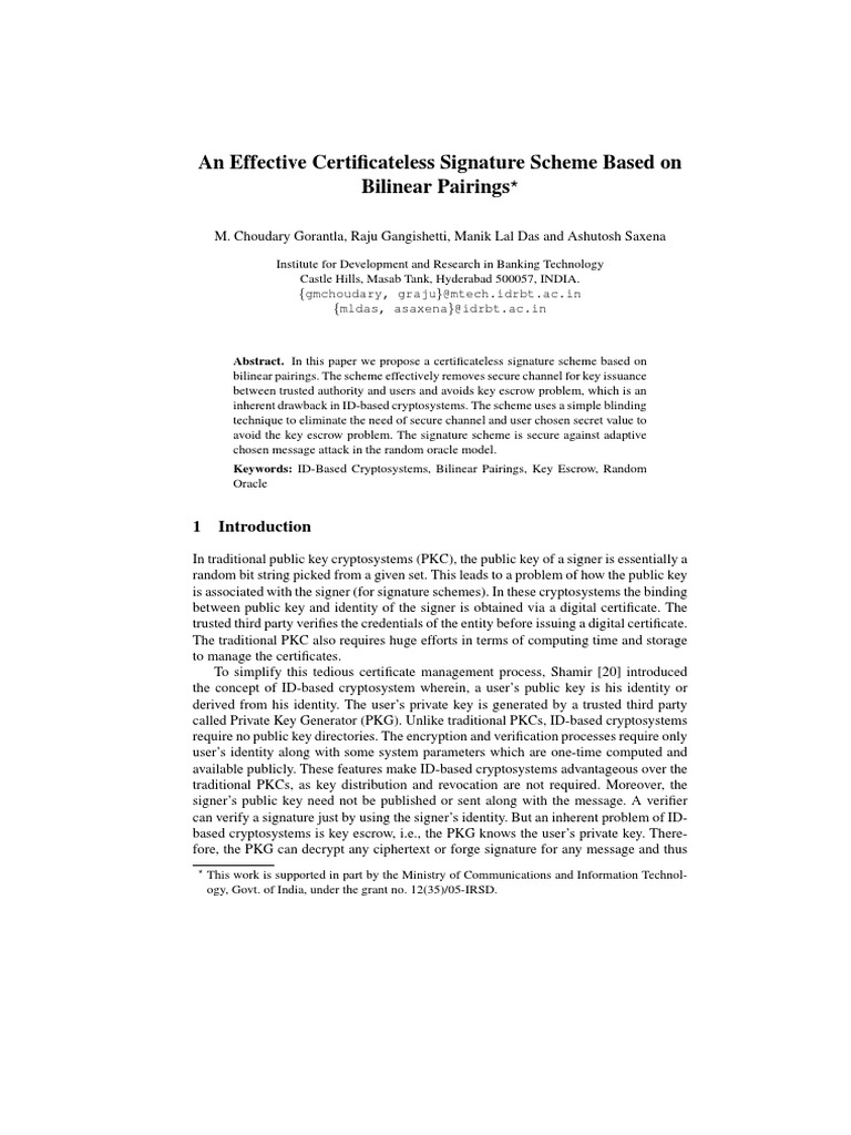 An Effective Certificateless Signature Scheme Based On Bilinear Pairings | PDF | Public Key ...