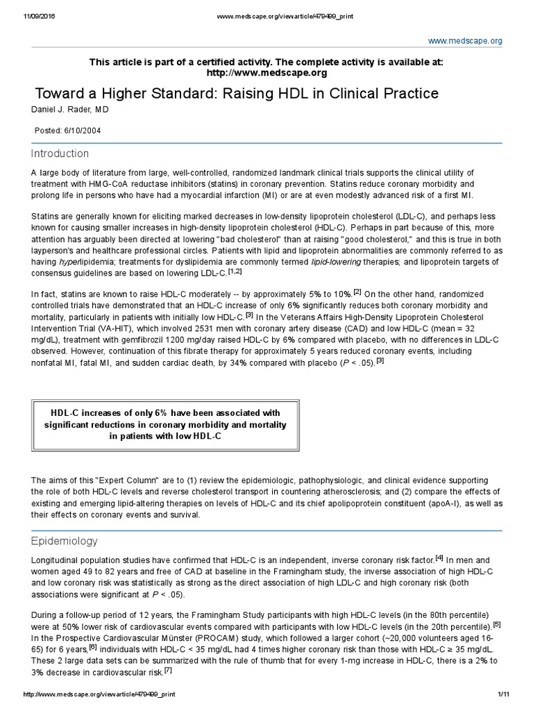 Toward A Higher Standard: Raising HDL in Clinical Practice | PDF ...