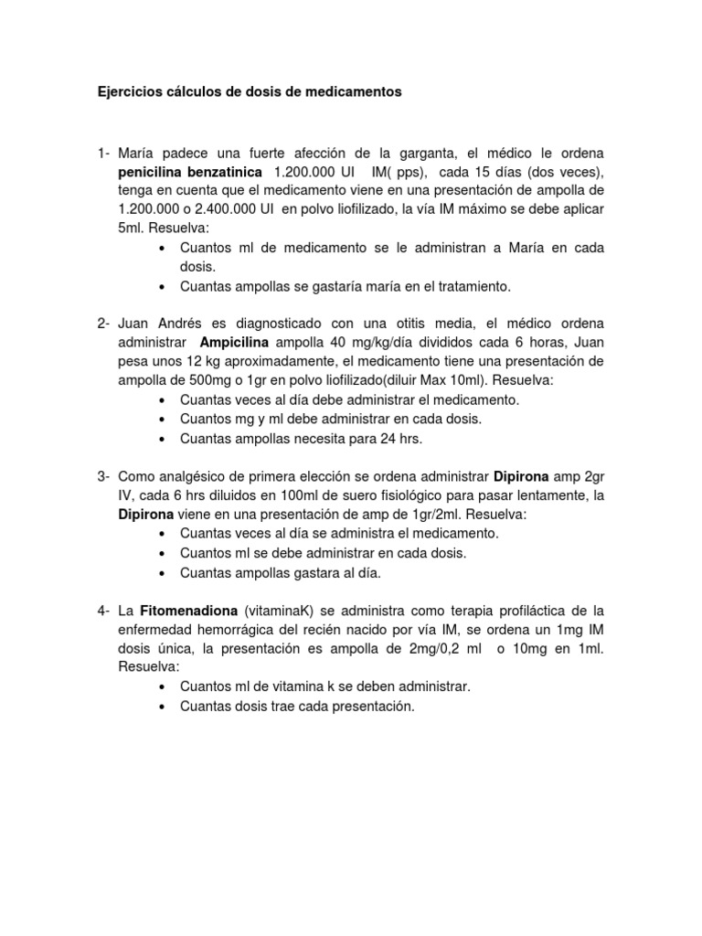 Ejercicios Cálculos de Dosis de Medicamentos y LEV | PDF