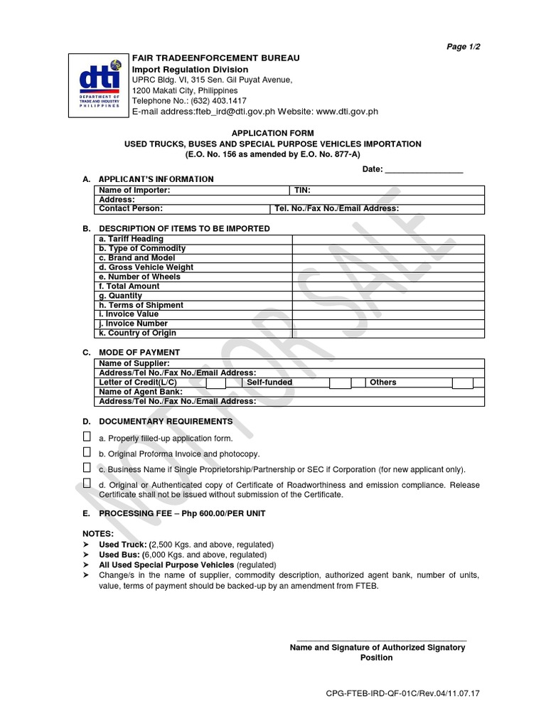 FAIR TRADE BUREAU IMPORT APPLICATION FORM | PDF | Signature | Notary Public