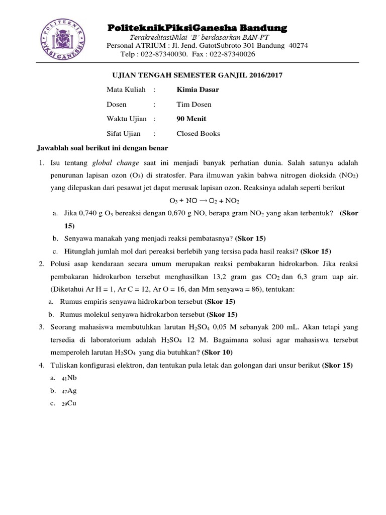 Soal Uts Kimia Dasar | PDF