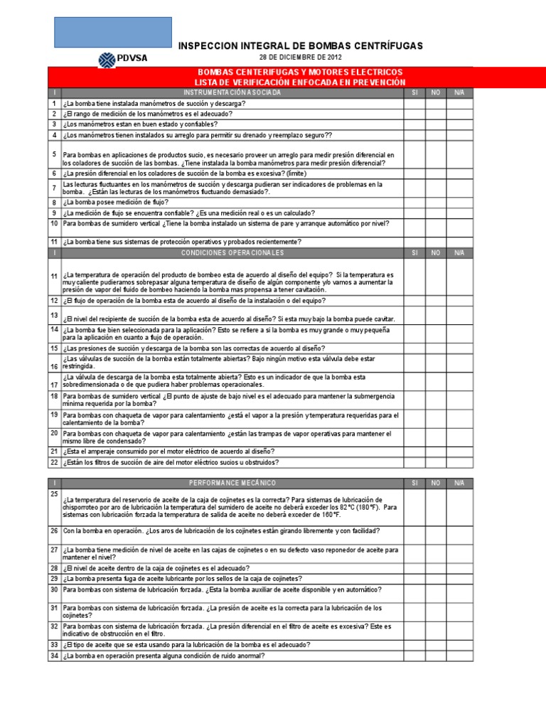 Lista de Verificación Bombas Centrífugas | Lubricante | Bomba