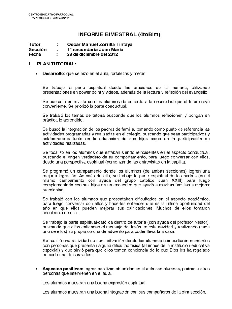 Informe Bimestral 4tob - Oscar | PDF | Salón de clases | Maestros