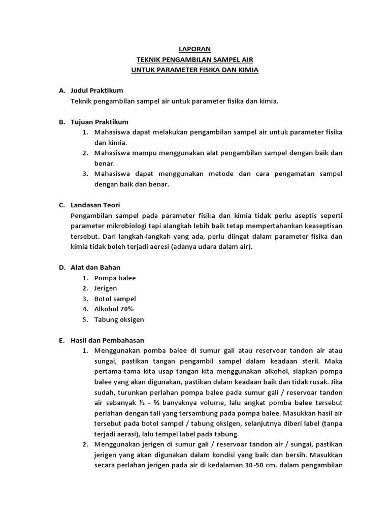 Teknik Pengambilan Sampel Air Untuk Parameter Fisika Dan Kimia | PDF