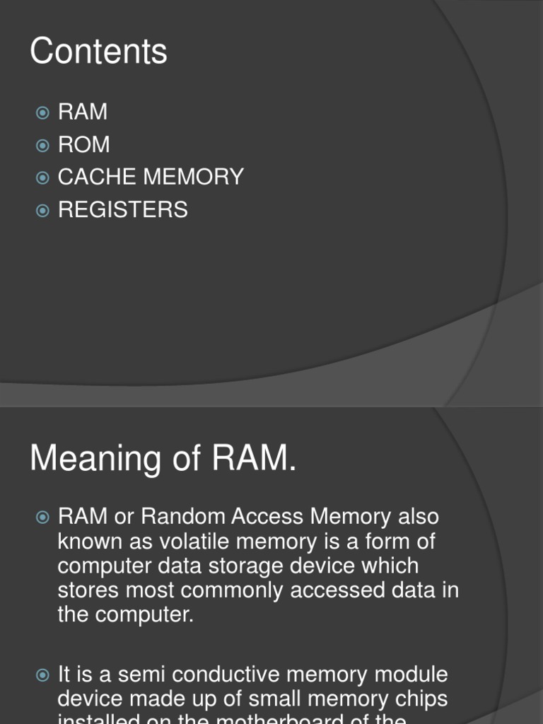 RAM ROM Cache Memory Registers | PDF | Random Access Memory | Cache ...