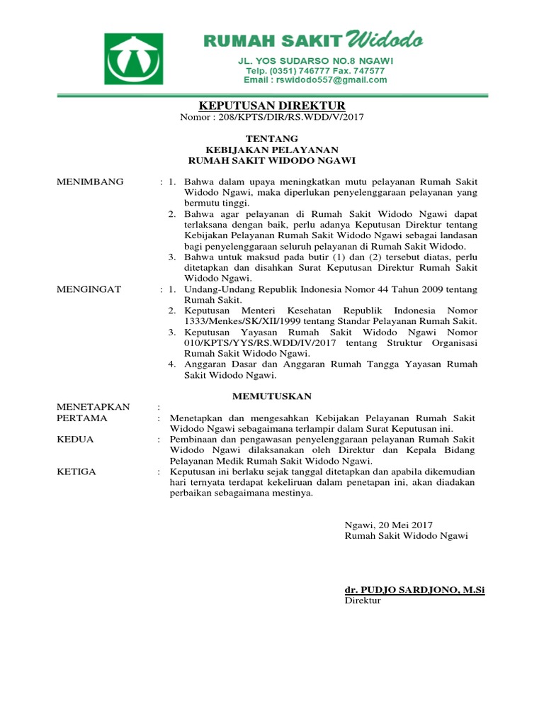 SK Kebijakan Pelayanan Rumah Sakit | PDF