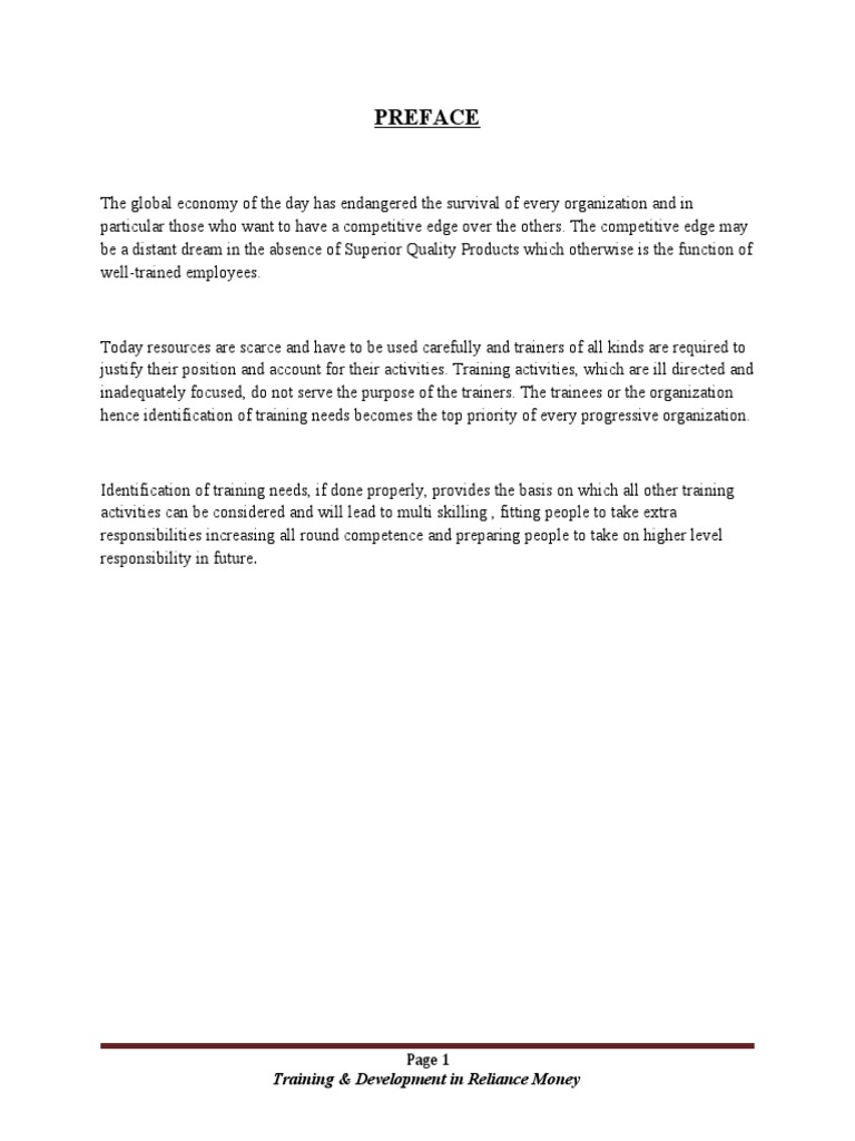 Preface: Training & Development in Reliance Money | PDF | Money | Stocks