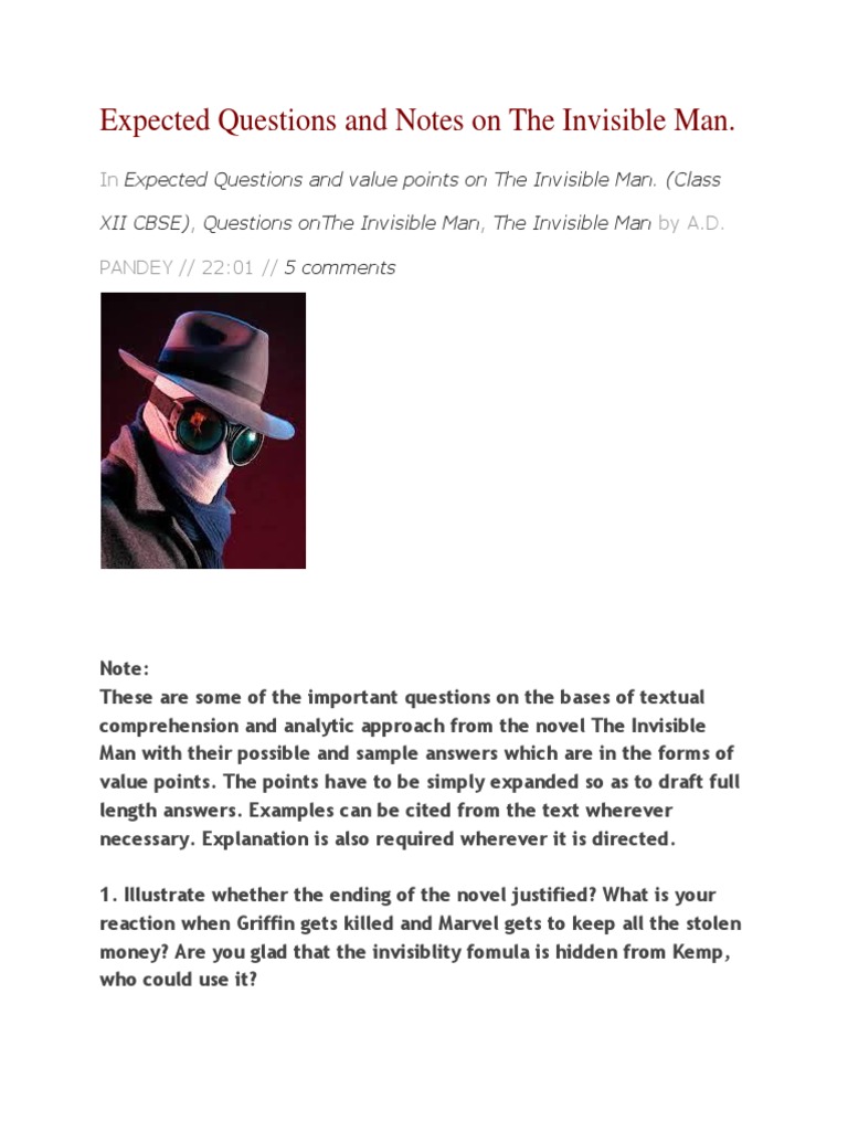 Expected Questions and Noteson The Invisible Man | PDF | The Invisible Man