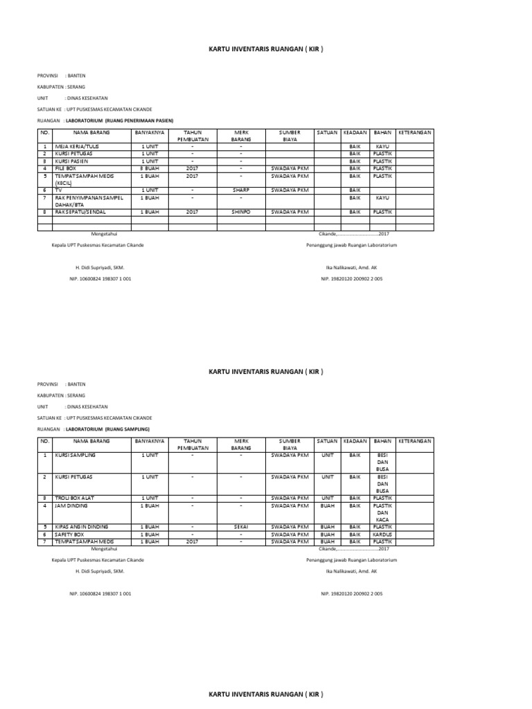 Kartu Inventaris Ruangan Laboratorium | PDF