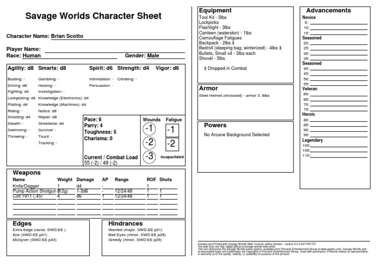 Savage Worlds Character Sheet: Advancements Equipment | PDF | Armed ...
