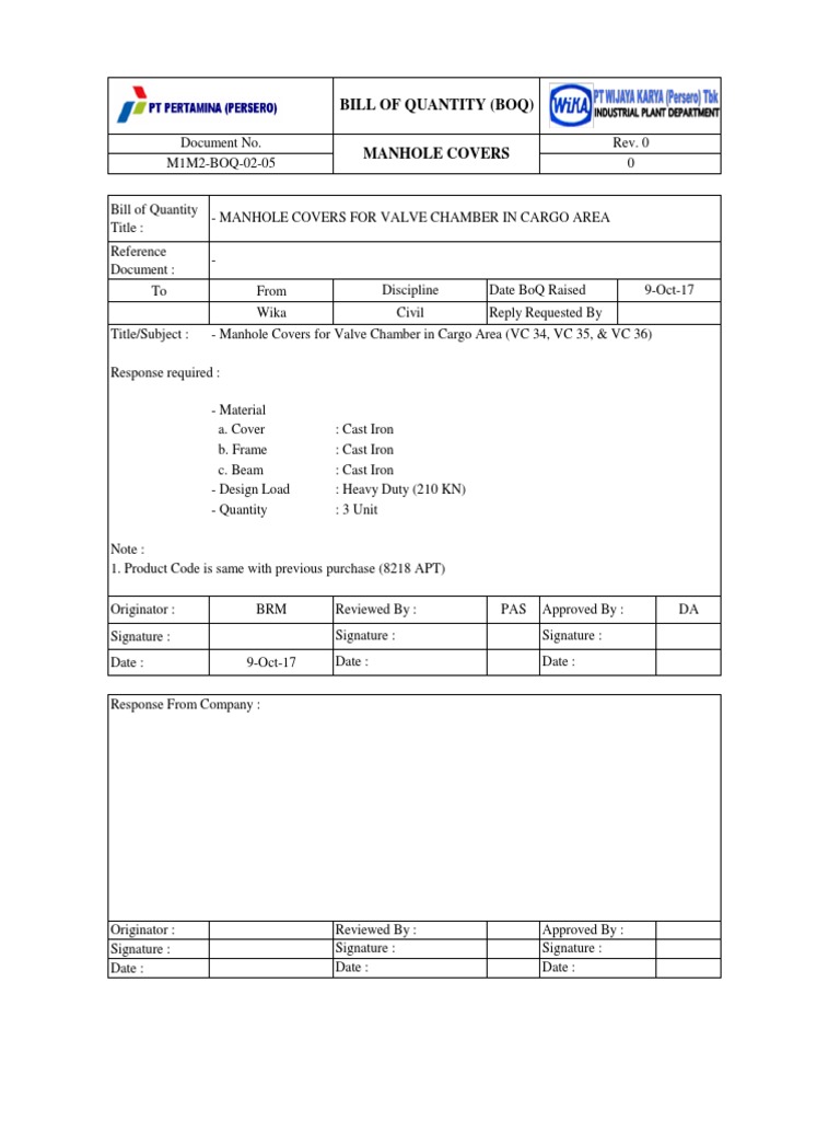 Technical BoQ M1M2 Manhole Cover | PDF