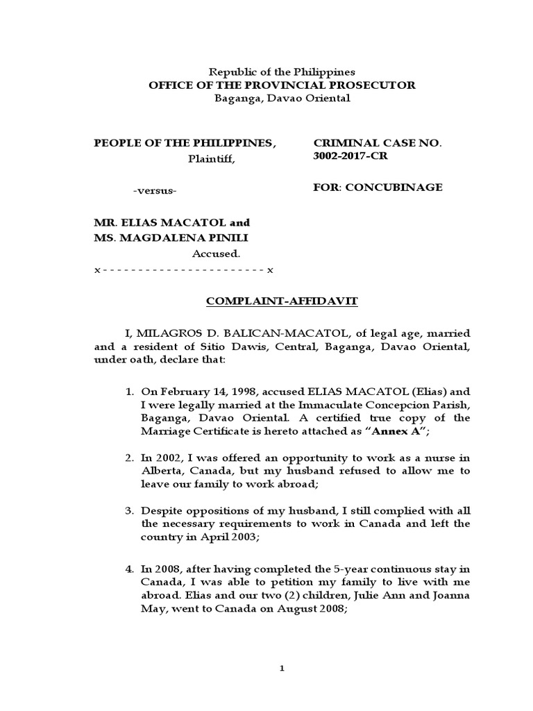 Complaint - Concubinage.docx | Criminal Law | Politics