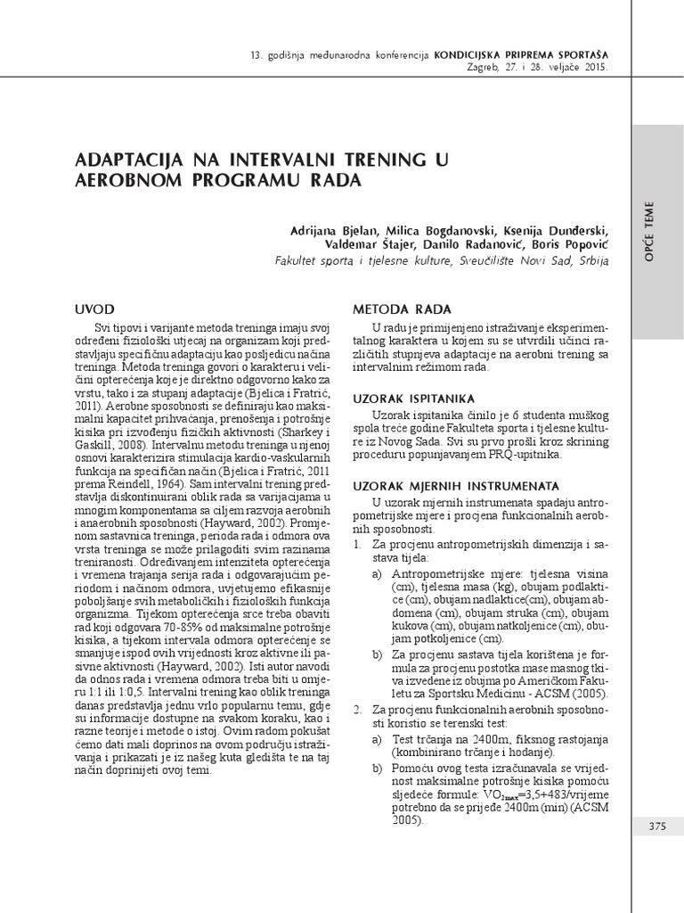 Adaptacija Na Intervalni Trening U Aerobnom Programu Rada | PDF